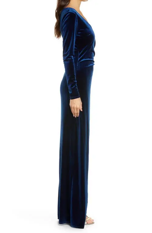 LOVE, NICKIE LEW Metallic Ruched V-neck Gown