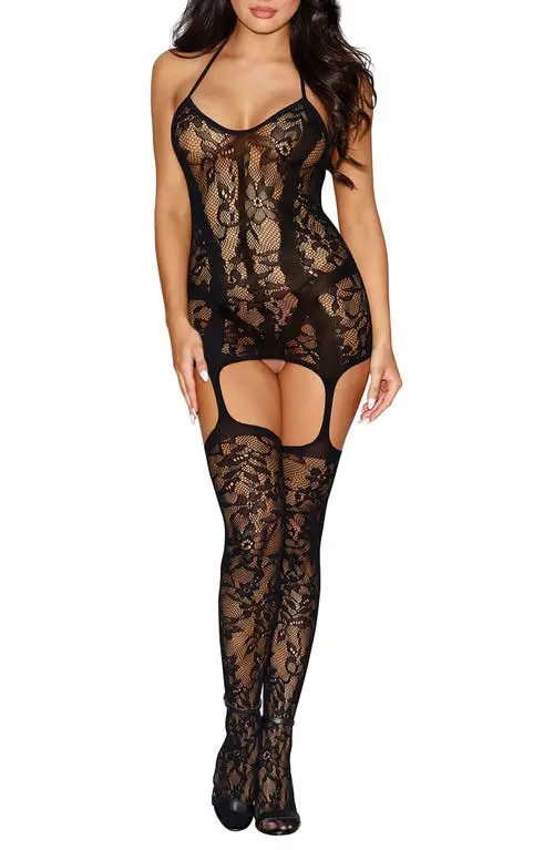 DREAMGIRL Lace & Fishnet Chemise With Thigh High Stockings - Black