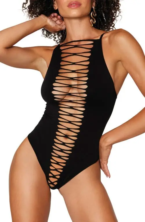 DREAMGIRL Strappy Seamless Teddy With Thigh-high Stockings - Black