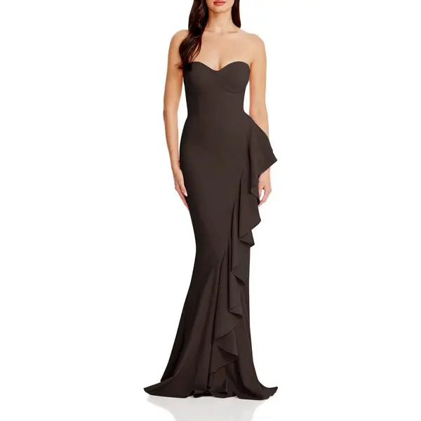 Dress The Population Paris Ruffle Strapless Mermaid Gown - Mocha