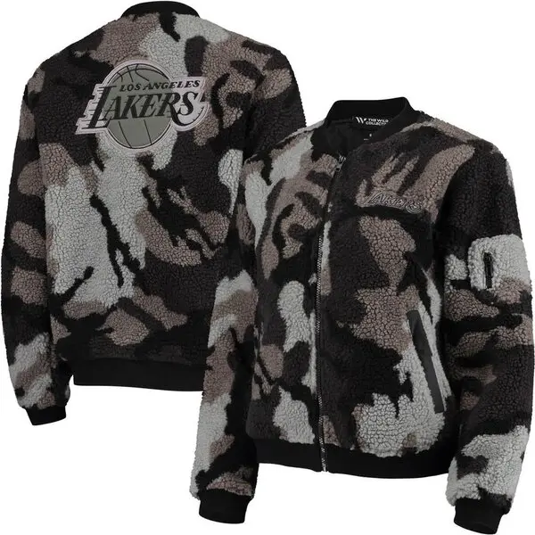 THE WILD COLLECTIVE Los Angeles Lakers Camo Sherpa Bomber Jacket - Black