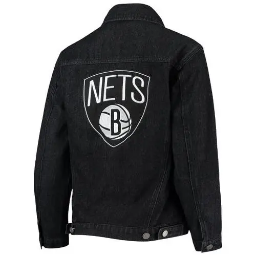 THE WILD COLLECTIVE Brooklyn Nets Patch Denim Button-up Jacket