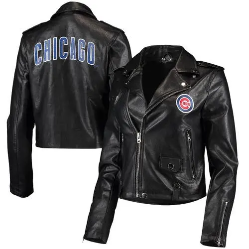THE WILD COLLECTIVE Chicago Cubs Faux Leather Moto Full-zip Jacket - Black