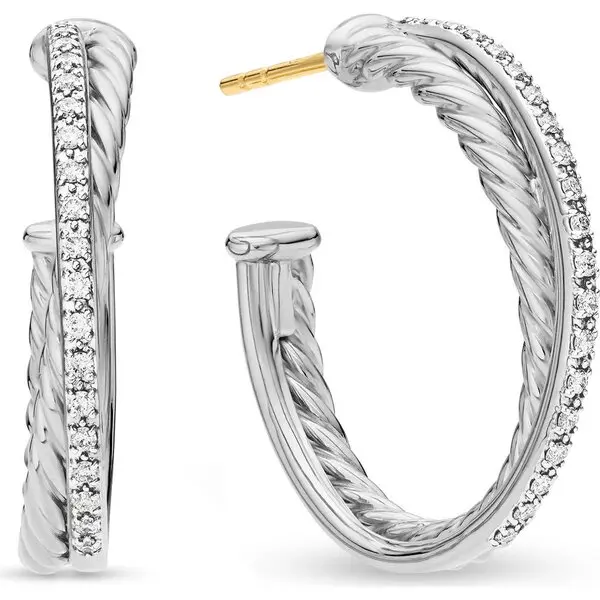 David Yurman Crossover Medium Hoop Earrings - Silver/diamond