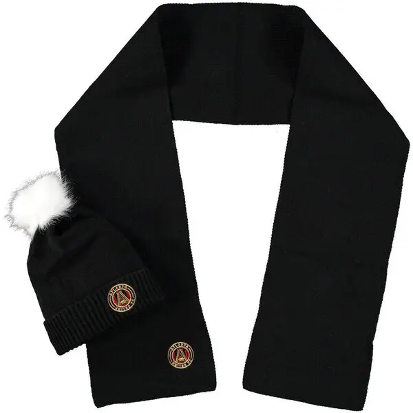 ZOOZATZ Atlanta United Fc Fuzzy Cuffed Pom Knit Hat And Scarf Set - Black