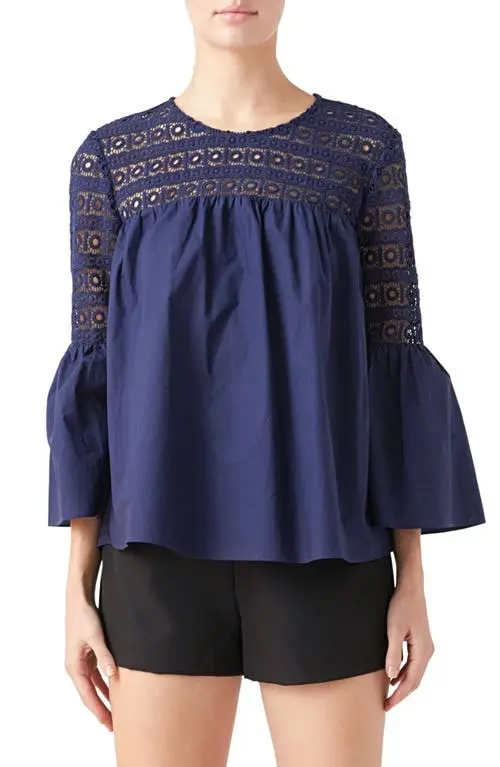 Endless Rose Bell Sleeve Lace Poplin Blouse - Navy