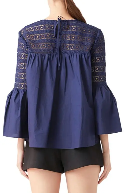 Endless Rose Bell Sleeve Lace Poplin Blouse - Navy