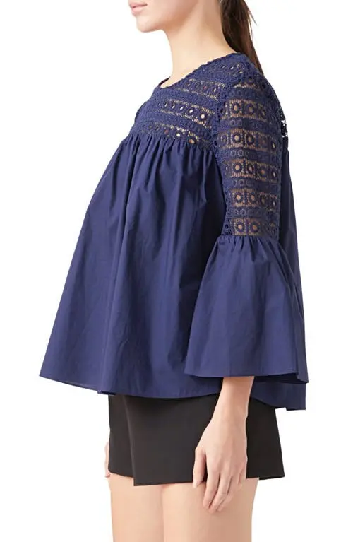 Endless Rose Bell Sleeve Lace Poplin Blouse - Navy
