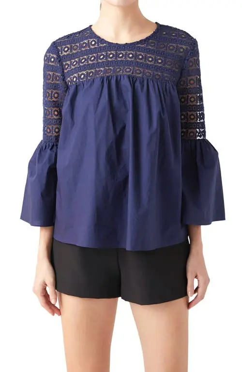 Endless Rose Bell Sleeve Lace Poplin Blouse - Navy