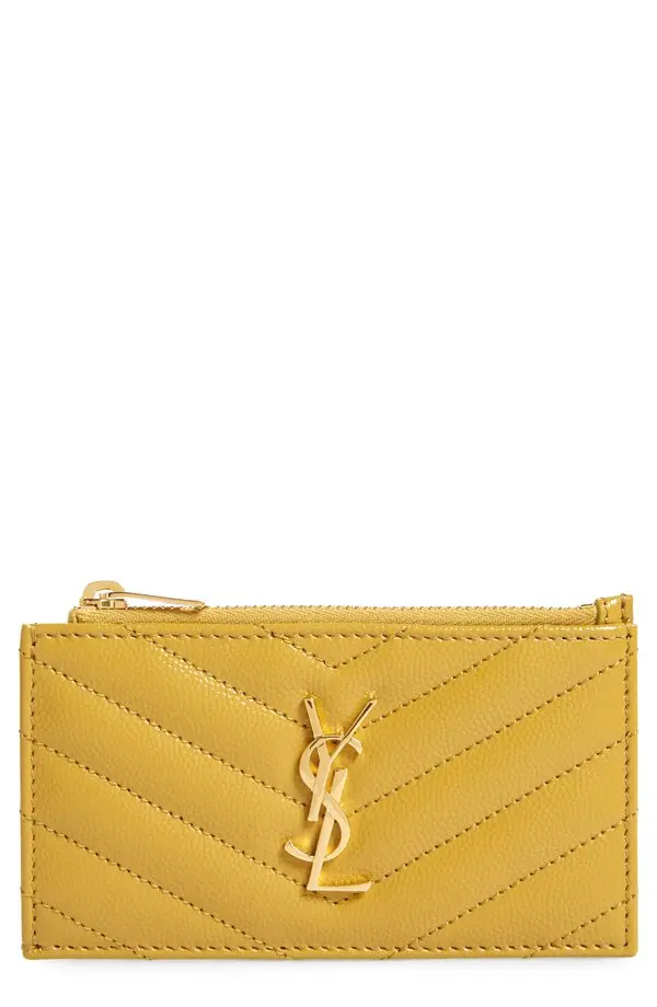Saint Laurent Cassandre Matelassé Fragments Leather Zip Card Case - Chartreuse