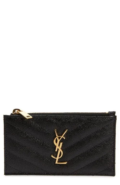 Saint Laurent Cassandre Matelassé Fragments Leather Zip Card Case - Noir