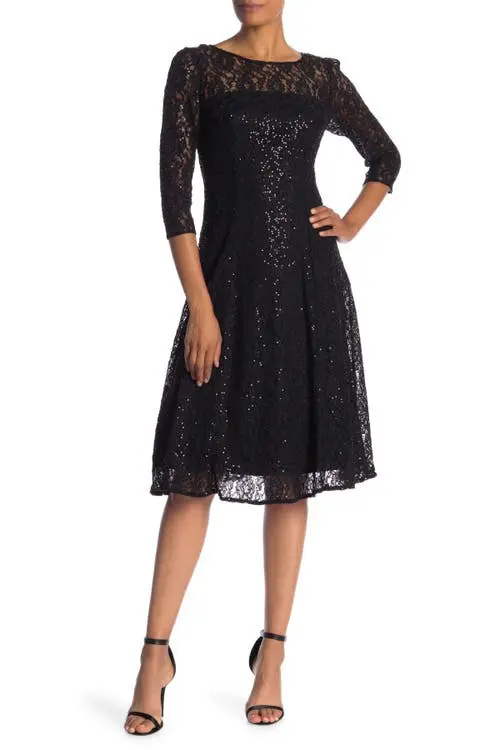 SL FASHIONS Lace Overlay Fit & Flare Midi Dress - Black