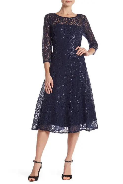 SL FASHIONS Lace Overlay Fit & Flare Midi Dress - Navy