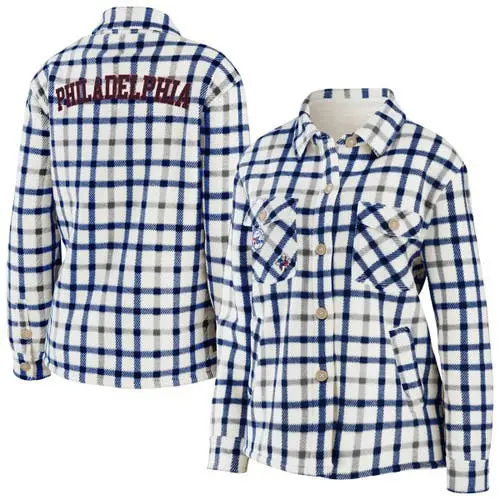 WEAR BY ERIN ANDREWS Philadelphia 76ers Plaid Button-up Shirt Jacket - Oatmeal