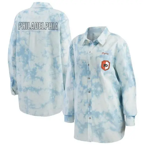 WEAR BY ERIN ANDREWS Philadelphia Flyers Oversized Tie-dye Button-up Denim Shirt - White