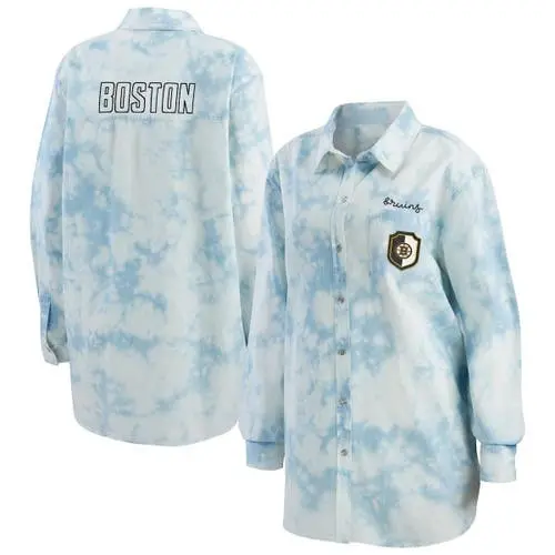 WEAR BY ERIN ANDREWS Boston Bruins Oversized Tie-dye Button-up Denim Shirt - White