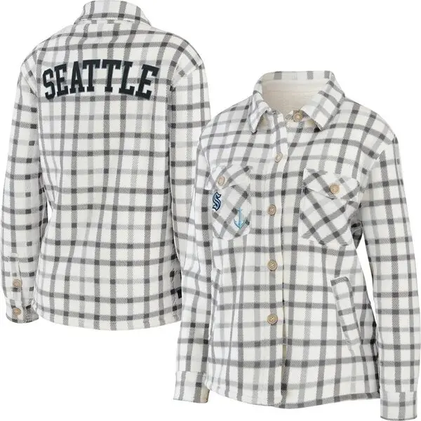 WEAR BY ERIN ANDREWS Seattle Kraken Plaid Button-up Shirt Jacket - Oatmeal