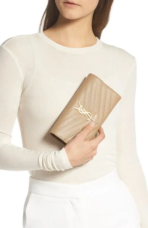 Saint Laurent Monogramme Logo Leather Flap Wallet - Latte