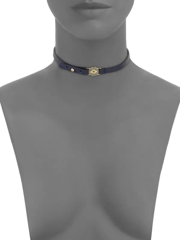 SYDNEY EVAN Evil Eye Medallion Diamond Sapphire & Leather Choker