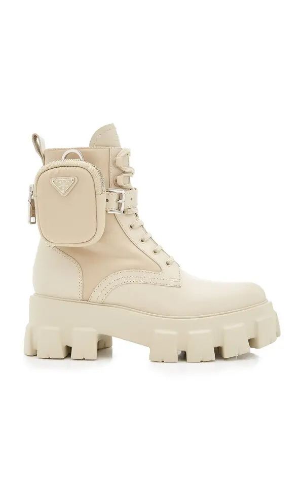 Prada Monolith Leather And Nylon Combat Boots - Neutral