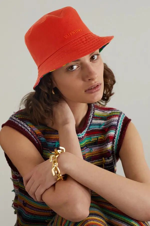 Valentino Garavani Reversible Embroidered Twill And Printed Cotton Bucket Hat