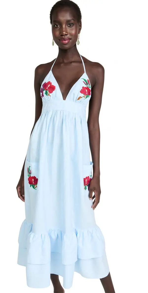 Fanm Mon Pamuk Halter Dress Floral Embroidery - Light Lagoon | Editorialist