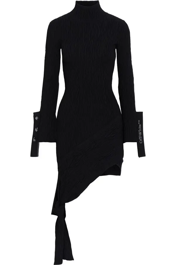 Off-White Asymmetric Knotted Ribbed Knit Turtleneck Mini Dress - Black