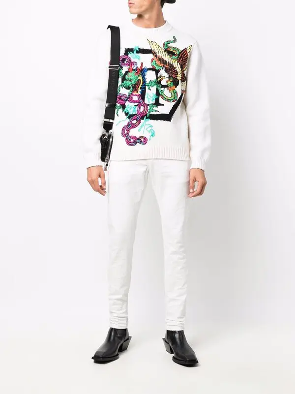 Philipp Plein Patterned Intarsia-knit Jumper - White