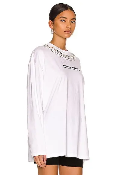 Miu Miu Logo Long Sleeve T-Shirt In White - Bianco | Editorialist