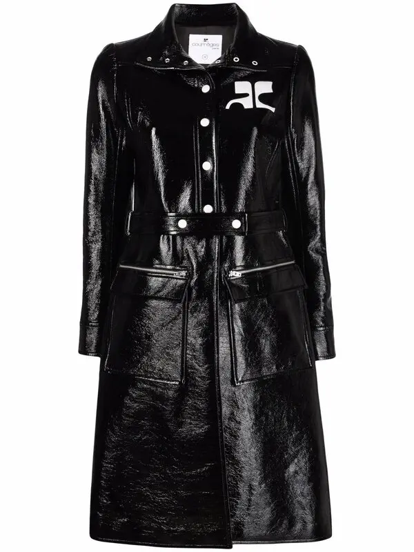 COURREGES Logo-print Lacquered-effect Trench Coat - Black