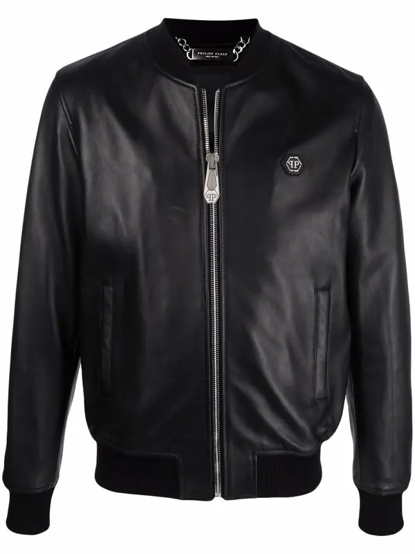 Philipp Plein Leather Bomber Jacket - Black