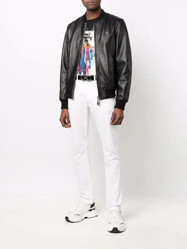 Philipp Plein Sheepskin Leather Bomber Jacket