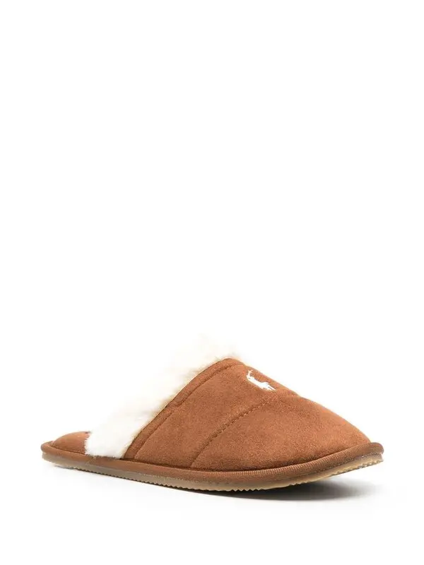 Polo Ralph Lauren Embroidered-logo Faux-fur Slippers - Brown
