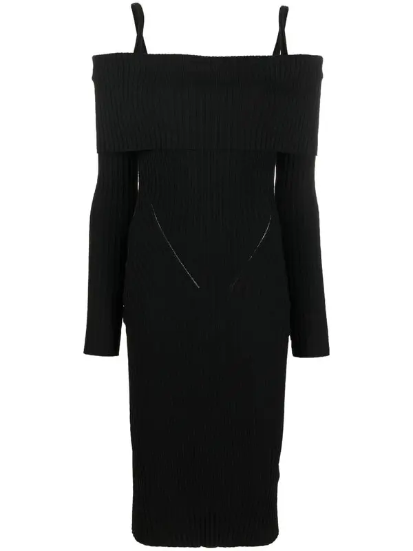 ANDREĀDAMO Off-shoulder Ribbed Knit Midi Dress - Black