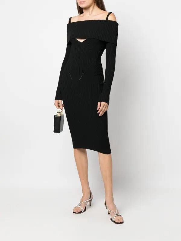 ANDREĀDAMO Off-shoulder Ribbed Knit Midi Dress - Black