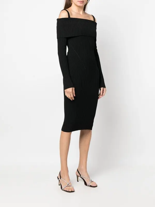 ANDREĀDAMO Off-shoulder Ribbed Knit Midi Dress - Black