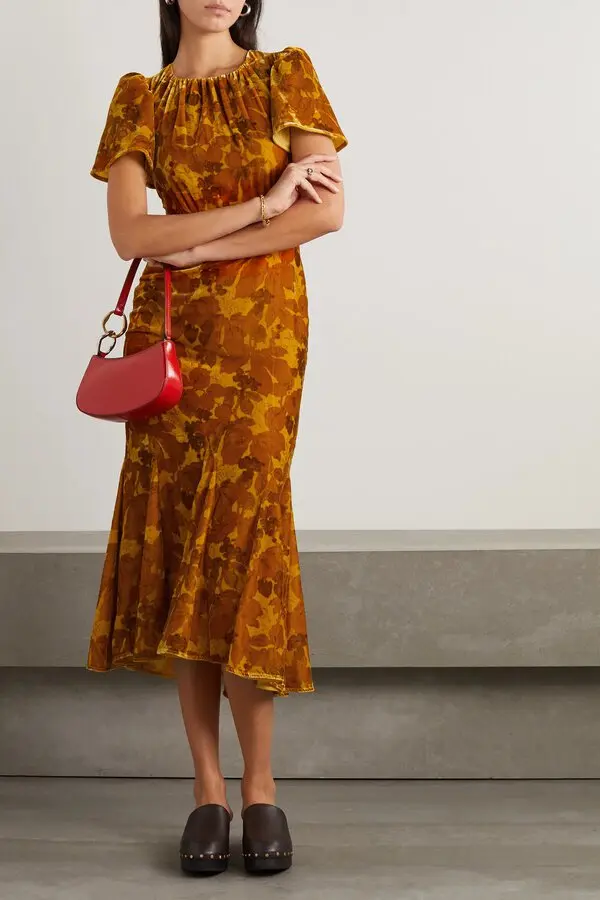 Rhode Arabella Gathered Floral-print Velour Midi Dress