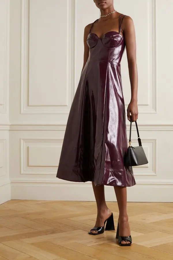 Staud Abstract Paneled Vegan Patent-Leather Midi Dress - Burgundy |  Editorialist