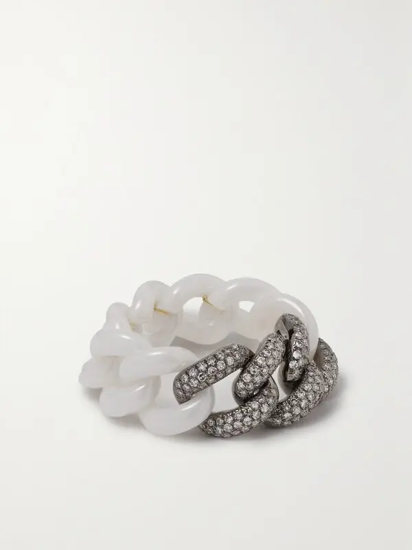Shay Ceramic, 18-karat Blackened And Diamond Link Ring - White