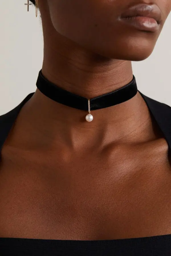 Mateo Lady Velvet Pearl And Diamond Choker