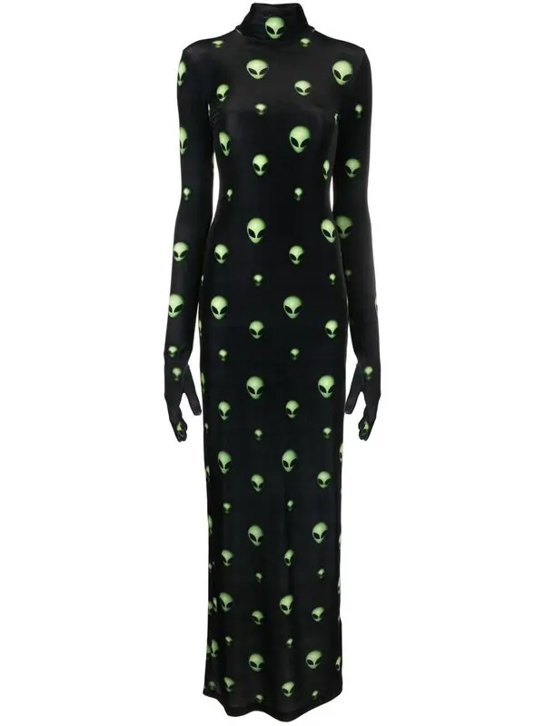 Vetements Graphic Print High Neck Long Sleeve Maxi Dress - Black