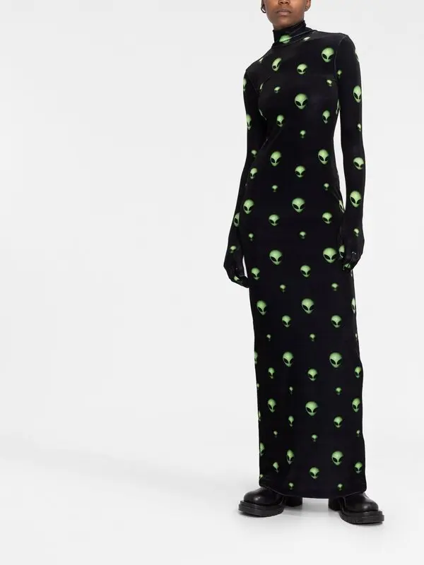 Vetements Graphic Print High Neck Long Sleeve Maxi Dress