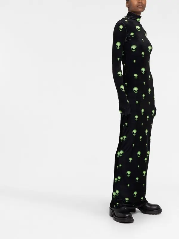 Vetements Graphic Print High Neck Long Sleeve Maxi Dress