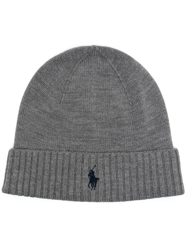 Ralph Lauren Embroidered-logo Ribbed Beanie - Grey