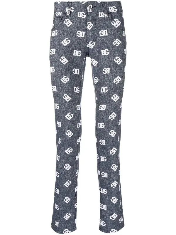 Dolce & Gabbana Slim-cut Monogram-print Jeans - Blue