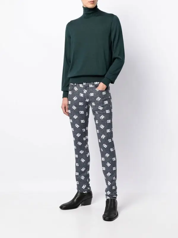 Dolce & Gabbana Slim-cut Monogram-print Jeans - Blue