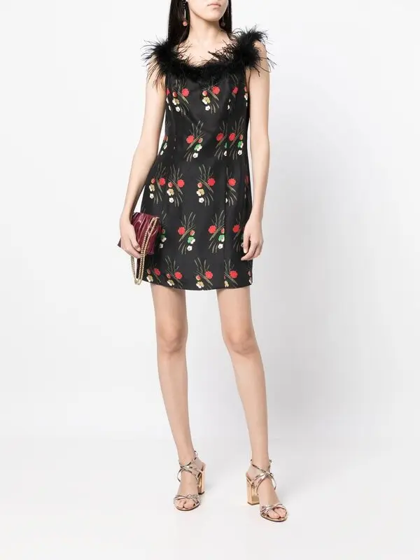 Rixo Floral-print Feather-trim Dress
