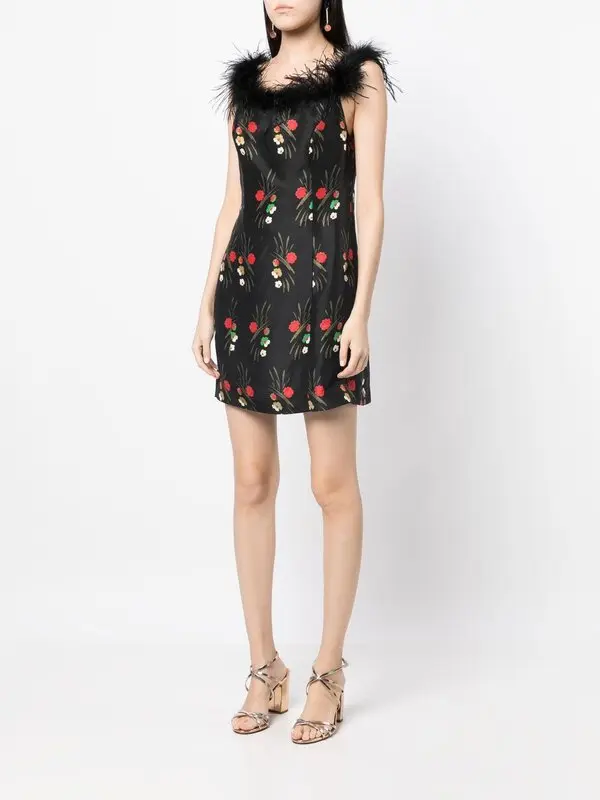 Rixo Floral-print Feather-trim Dress