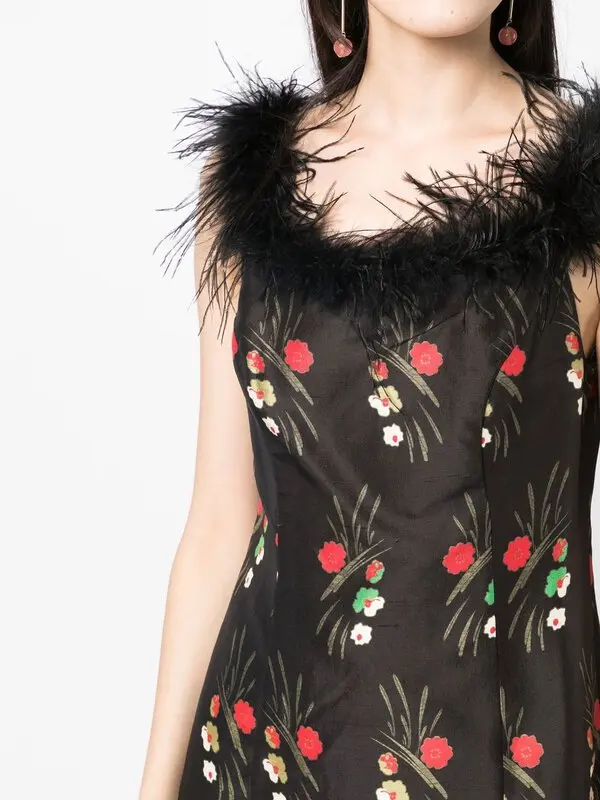 Rixo Floral-print Feather-trim Dress