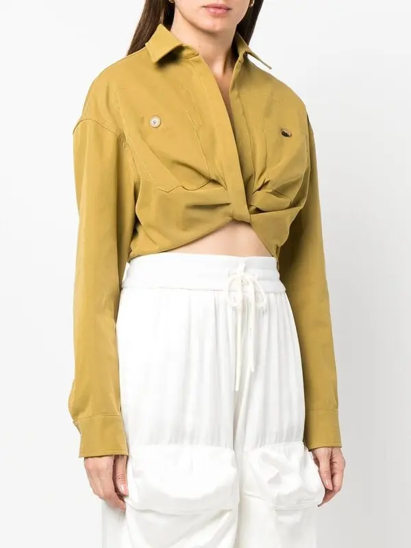 Off-White Twist-front Cropped Shirt - Green